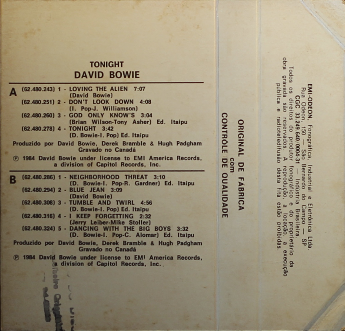 TONIGHT BRAZIL EMI AMERICA – bowieontape